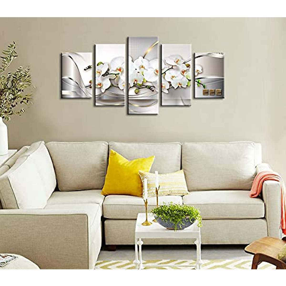 5 Panel Butterfly Orchid Flowers Canvas Print Wall Art Painting Decor for Home Decoration Picture for Bedroom Framed Ready to Hang White Floral Artwork