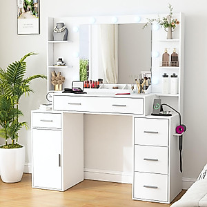 Vanity Desk with Lights and Power Strip, Makeup Vanity Table Lots Storage with 5 Drawers & 1 Cabinet, 3 Light Colors with Adjustable Brightness, Large Vanity 47.3'' (W)