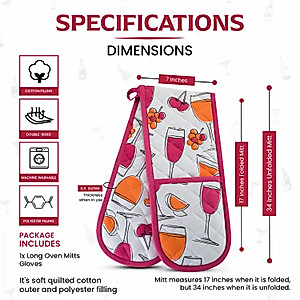 Kitchen BBQ Modern Fun Party Double Oven Mitts Gloves | Extra Long & Thick, Heat Resistant | Quilted Cloth Attached 1 Piece Oven Gloves | 100% Cotton Wine Christmas Champagne Pot Holder
