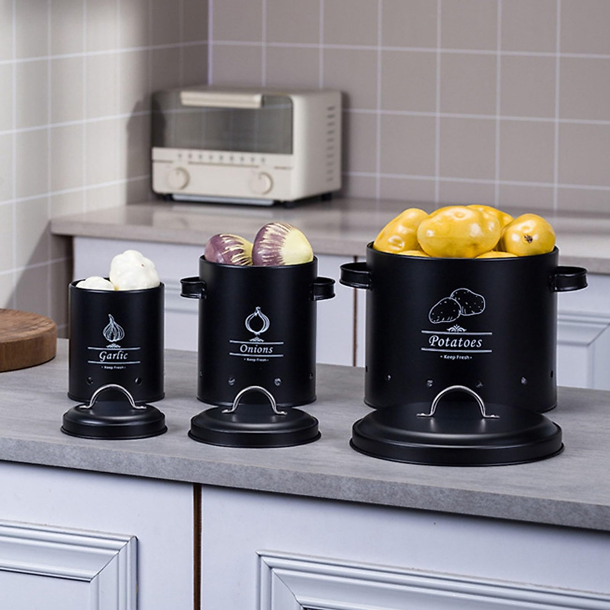 3Pcs Potato and Onion Storage Bin Set, Kitchen Vegetable Storage Tins, Onion Storage Garlic Keeper, Carbon Steel Farmhouse Potatoes Holder for Potatoes, Onions (Black)