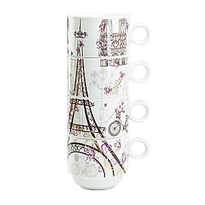 Grace Teaware Stackable Coffee Tea Mug 10-Ounce Set of 4 with White Metal Stand (Paris Eiffel Tower Pink Gold)