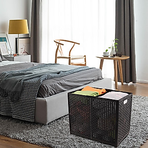 Readsky 2 Sections Plastic Folding Hamper with Lid, Small Plastic Laundry Hamper Separation Basket, Black