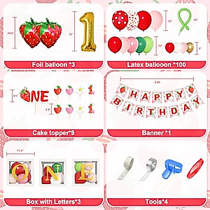 Amandir Strawberry 1st Birthday Party Decorations One Boxes, 120PCS Strawberry Balloons Garland Arch Banner Cake Topper Foil Number 1 for Berry First Sweet One Girl Birthday Baby Shower Fruit Supplies