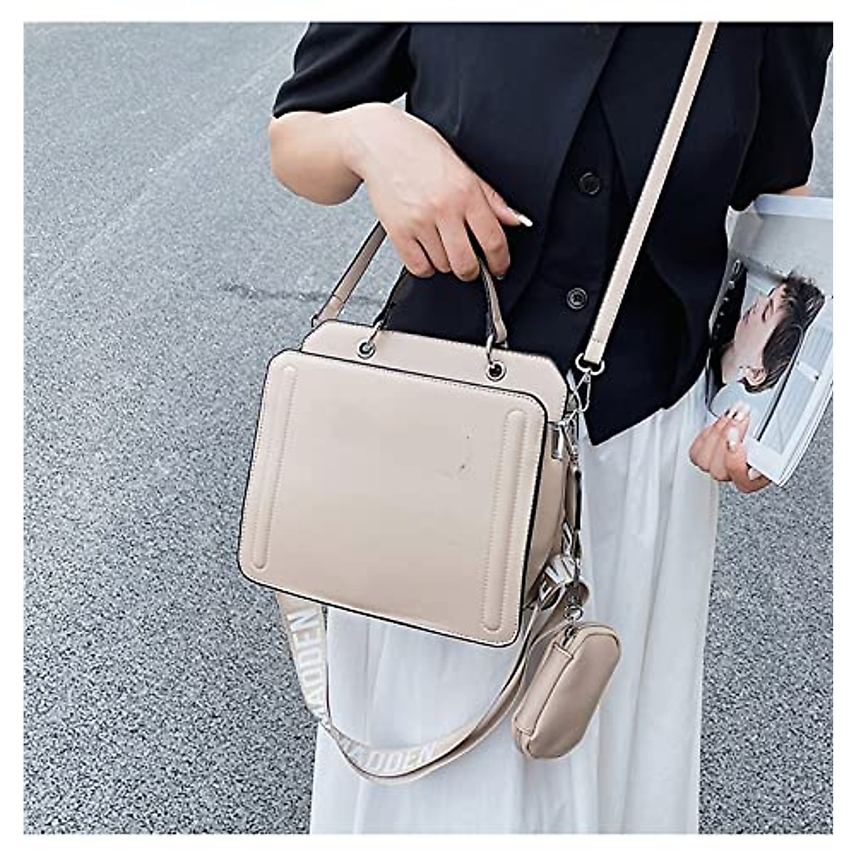 ZINGINGEN PU Leather Tote Bag for Women,Fashion Handbag Shoulder Crossbody Bags with Double Shoulder Straps (Color : Khaki)
