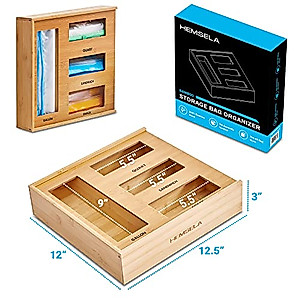 HEMSELA Ziplock Bag Organizer, kitchen drawer organizer with foil and plastic wrap, aluminum foil organizer, ziplock bag dispenser With Cutter, Compatible for Gallon, Quart, Sandwich & Snack (Wooden)