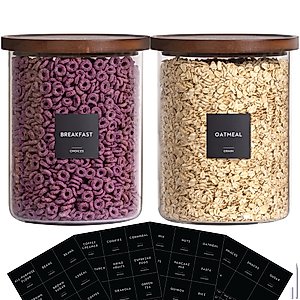 Laramaid 101oz 2Pack Glass Jar Canisters with Minimalist Labels, Round Pantry Jars with Brown Acacia Lids, Vinyl Customized Labels and White Pen, Food Storage Containers for Home, Kitchen and Pantry