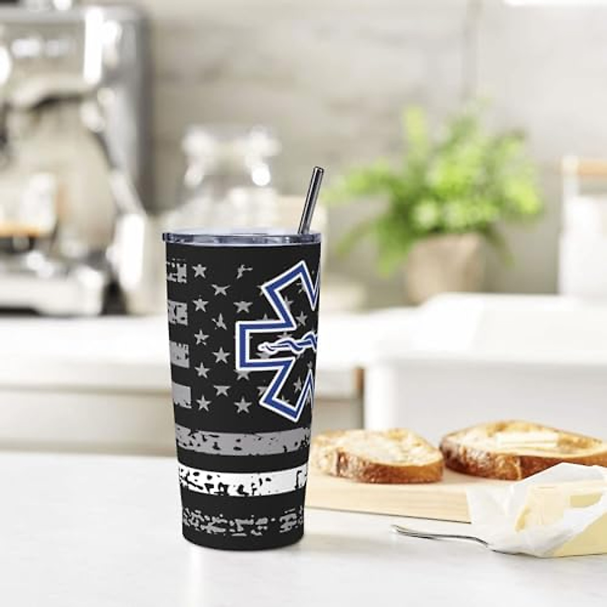 VKKOEWL Thin White Line EMS EMT Paramedic American Flag Stainless Steel Insulated Tumbler 20 Oz Travel Water Bottle Coffee Mug Drink Cup With Lid Straw