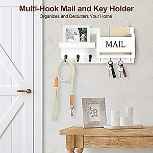 Lwenki Mail Organizer for Wall Mount – Key Holder with Shelf Includes Letter Holder and Hooks for Hallway Farmhouse Decor – Rustic Wood with Flush Mounting Hardware (16.5” x 9.1” x 3.4”) (White)