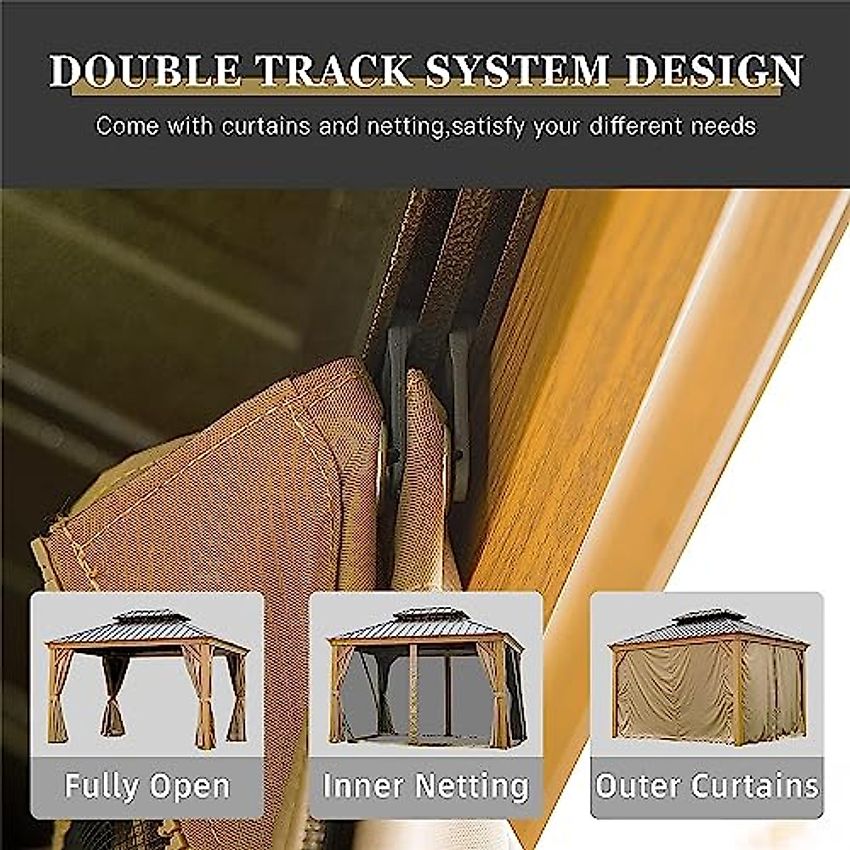 Evedy 10x12FT Hardtop Gazebo,Outdoor Permanent Metal Pavilion,Wooden Coated Aluminum Frame Canopy with Galvanized Steel Double Roof,Gazebo with Curtains and Netting for Patio, Deck and Lawn