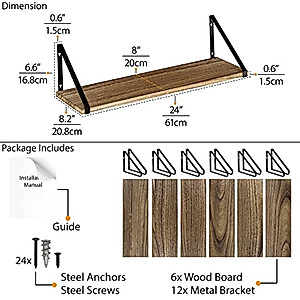 Wallniture Ponza Floating Shelves for Wall, 24"x8" Bookshelf for Large Books, Storage Shelves for Kitchen, Office, Hallway Living Room Decor, Set of 6, Burnt