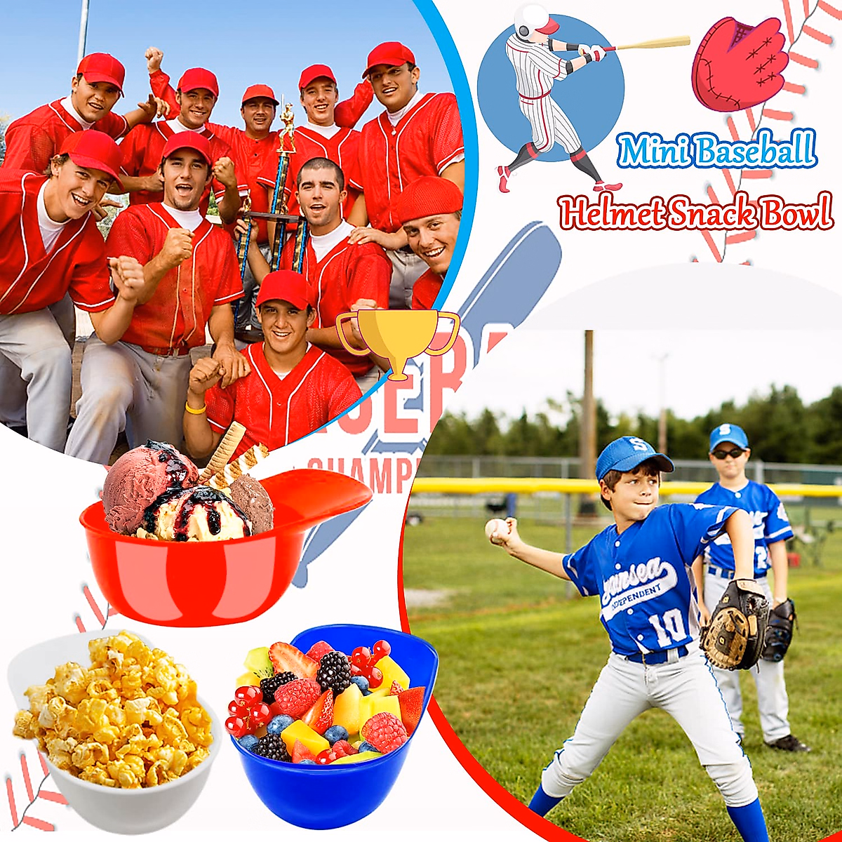 Szsrcywd 24 Pack Plastic Baseball Helmet Bowl,Mini Ice Cream Dessert Baseball Cap Bowls,Party Snack Cups for Birthday Party Supplies(Red Blue and White)
