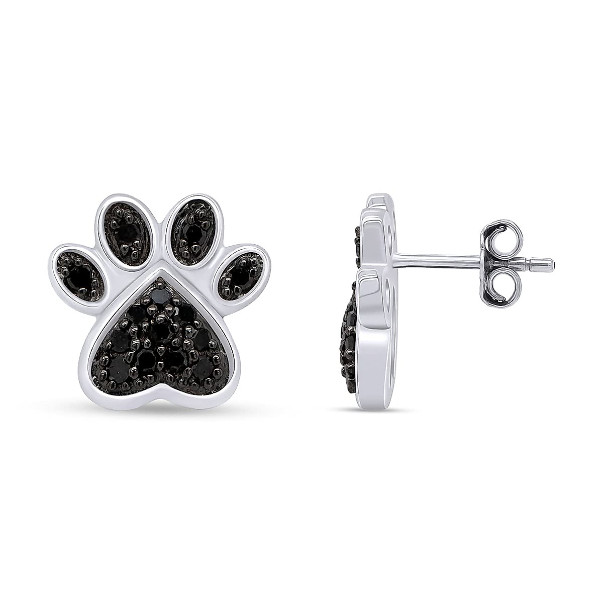 0.25 carat Black Natural Diamond Accent Paw Print Stud Earrings in 14k White Gold Over Sterling Silver