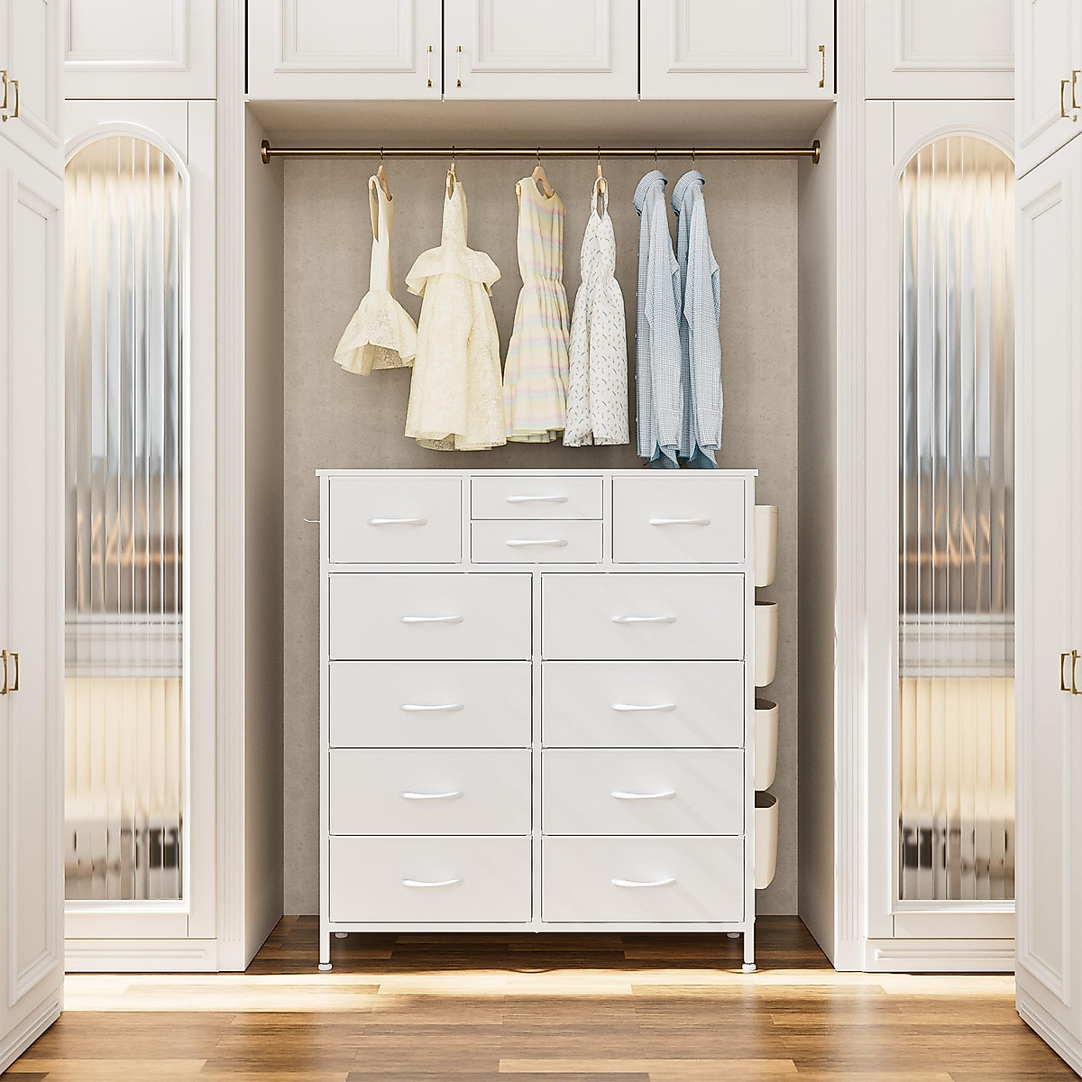 White Dresser for Bedroom, Dressers & Chests of Drawers, Closet Fabric Dresser w/12 Drawers Side Pockets Hooks, Clothes Dresser, Bedroom Dresser Storage Organizer for Hallway Entryway