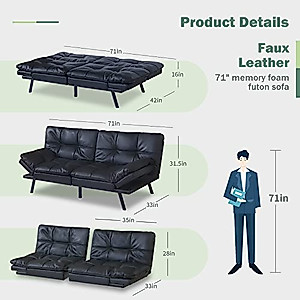 Hcore Convertible Futon Sofa Bed,Black Leather Memory Foam Loveseat Futons Sofa Couch,Small Euro Lounger Sofa for Compact Living Spaces,Apartment,Dorm,Studio,Guest Room, Home Office/Black Leather