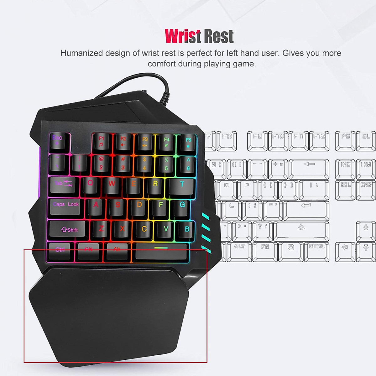 One Handed Gaming Keypad, Single Hand Membrane Keycap Gaming Keyboard with Breathing Lights Higher Achievement in The Game