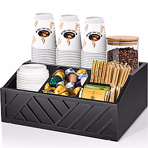 Coffee Bar Organizer for Coffee Bar Accessories, Wood Coffee Station Organizer for Countertop, Farmhouse Coffee Pod Syrup Holder Organizer, Coffee Bar Condiment Organizer for Coffee Bar Decor (Black)