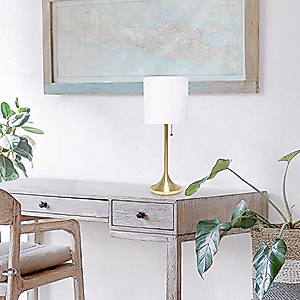 Simple Designs LT1076-GDW Tapered Fabric Drum Shade Table Lamp, Gold/White 8 x 8 x 21