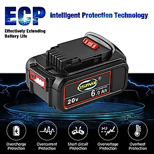 DSANKE 20V 6.0Ah Battery Replace for Dewalt 20V Battery DCB200 DCB206 DCB207 DCB204 DCB203 DCB201 DCB200 DCB180 DCD/DCF/DCG/DCS Series Dewalt 20V Battery