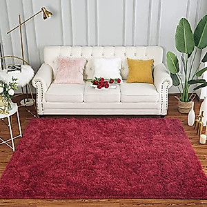 Chicrug Wine Red Fluffy Area Rugs for Living Room Bedroom, Large Area Rug for Kids, Shag Plush Fuzzy Carpet Modern Furry Rug Nursery Playroom Indoor Non Slip Carpet 4x6 Feet