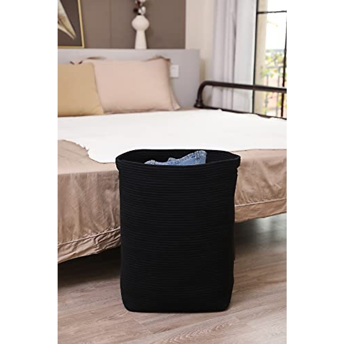 16"x13"x22" Extra Large Rectangular Storage Basket, Cotton Rope Storage Baskets, Woven Laundry Hamper, Toy Storage Bin, for Toys Blanket in Living Room, Baby Nursery, All Black