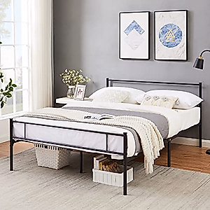 VECELO Queen Size Metal Bed Frame with Headboard and Footboard, 12'' Under-Bed Storage & Strong Slats Support, No Box Spring Needed