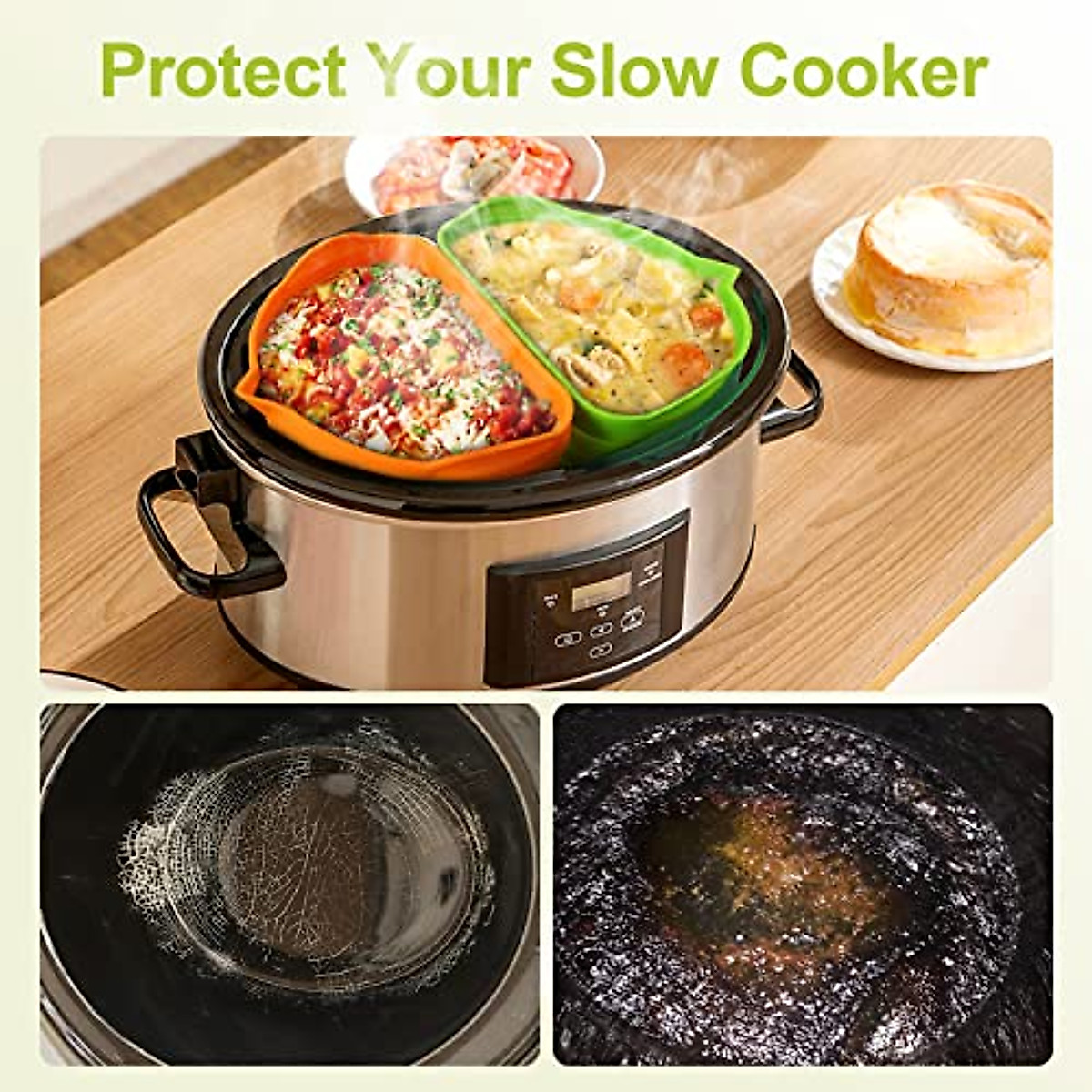 Slow Cooker Liners, 2 Pack Divider Silicone Liners for 6 QT Oval Pot, Reusable Leakproof Large Instant Pot Liners for Kitchen Use, Foldable Dishwasher Safe Cooking Liner