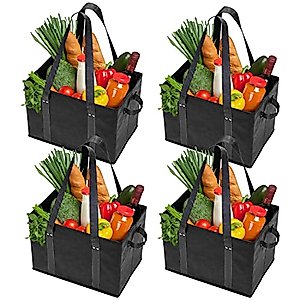 BAG-THAT! 4pk Reusable Grocery Bags Shopping Bags Tote Box Large Heavy Duty Groceries Bag Handles Foldable Reinforced Bottom (Black)