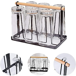 PENGQIMM 6 Cups Mug Glass Stand Holder Metal,Cup Drying Rack Stand with Drain Tray,Cup Hanging Drainer Upside-Down,Metal Bottle Drying Organizer with Handle Cup Drying Holder Stand,Bottle Drying Rack