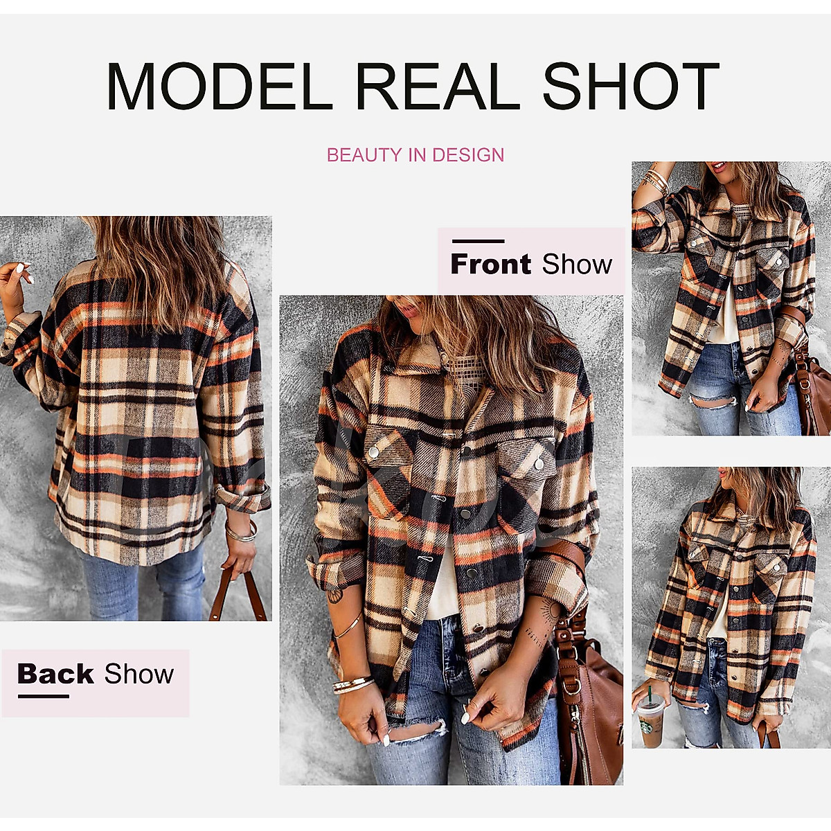 Dokotoo Women's Classic Plaid Button-Up Flannel Shirt - Long Sleeve, Soft, Loose, Office Jacket - Orange, L