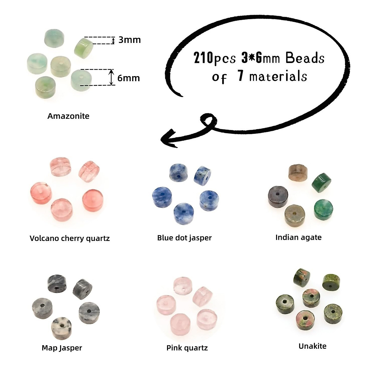 210PCS 3x6mm Natural Stone Beads Spacer for Jewelry Making,7 Colors Genuine Real Flat Round Loose Gemstone DIY for Bracelet Beading Making Kit (3x6mm,7 Color A)