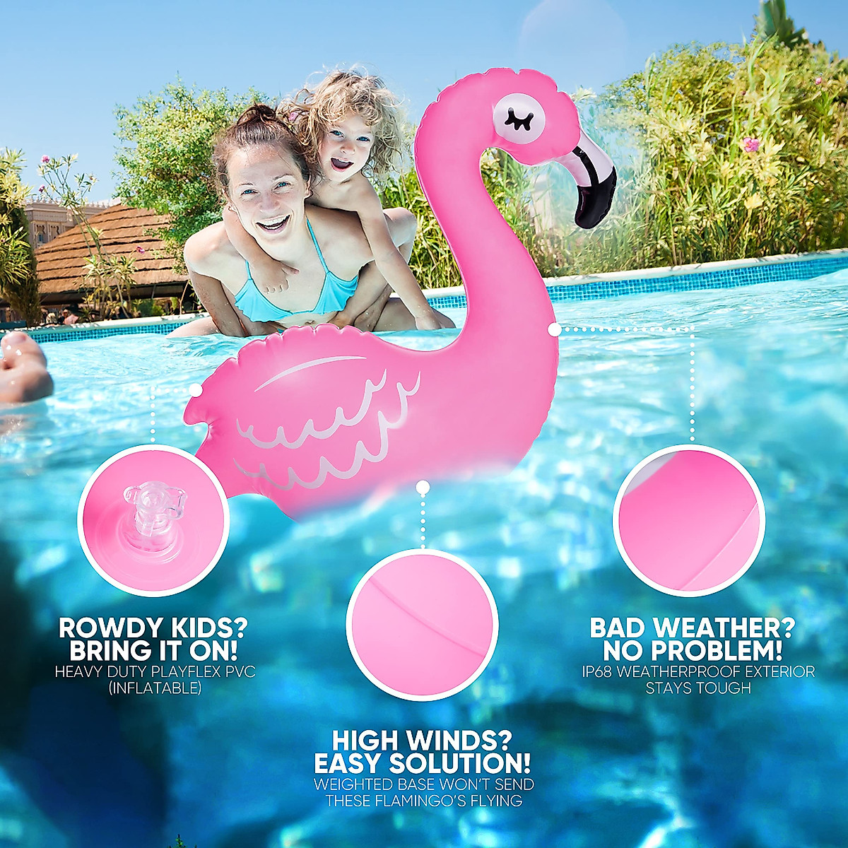 GLOW-MINGO TWINS Solar Flamingo Floating Pool Lights - 8 Hour AmbiGlow Radiance Pink Inflatable Floating Pool Lights Solar Powered - IP68 Waterproof, Heavy Duty Pool Lights that Float Decor (2Pack)