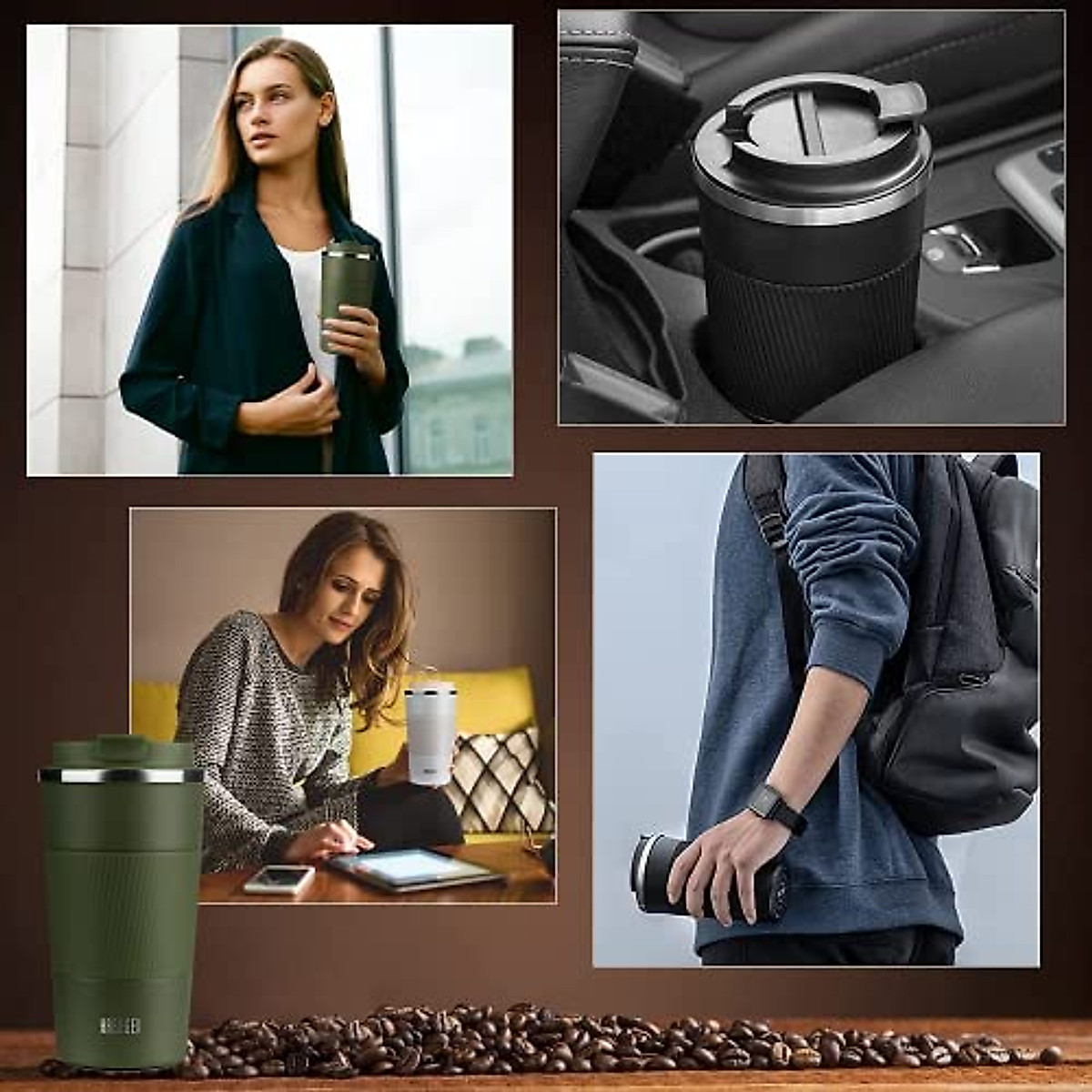 HASAGEI Travel Mug, Insulated Coffee Cup with Leakproof Lid - Vacuum Insulation Stainless Steel for Hot and Cold Water Coffee and Tea (green 380ml)