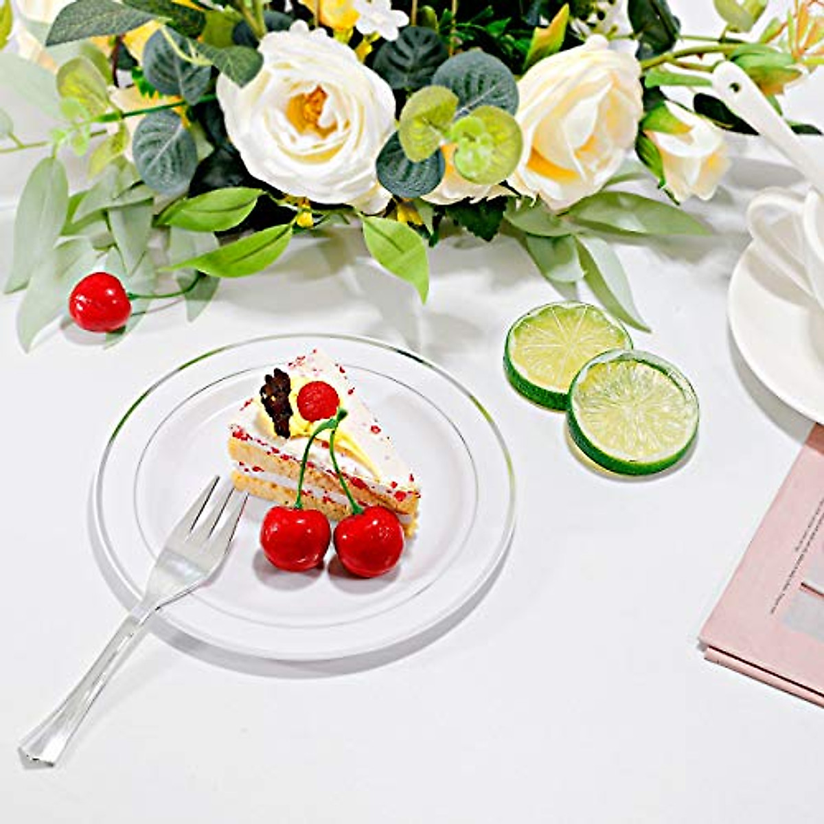 WELLIFE 120 PCS Silver Plastic Dessert Plates with 120 PCS Silver Forks,6.3 inch Disposable Salad Plates,Premium White Appetizer Plates with Silver Rims Ideal for Weddings& Parties.