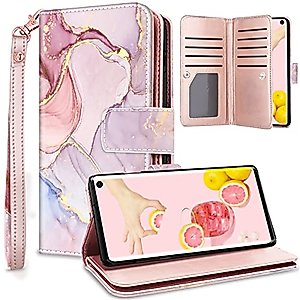 Fingic for Galaxy S10e Case, Samsung S10e Case Wallet, Rose Gold Marble 9 Card Holder PU Leather Detachable Wrist Strap Wallet Case for Women Cover for Samsung Galaxy S10E, Rose Gold