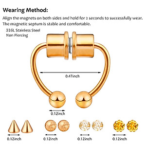 ONESING 6 Packs Magnetic Septum Nose Rings Fake Septum Ring Fake Septum Fake Nose Rings for Women Fake Piercing Gold Clip On Nose Rings Hoop No Pierced Stainless Steel Jewelry