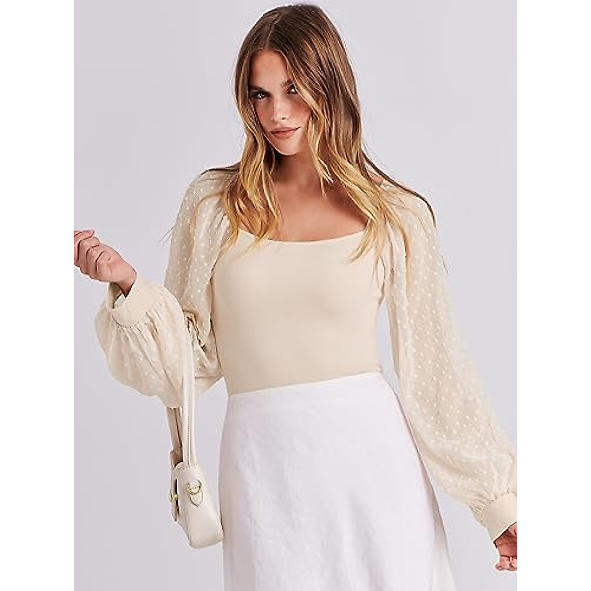 ANRABESS Rompers for Women Sheer Swiss Dot Puff Sleeve Square Neck Bodysuit Fall Casual Long Sleeve Dressy Leotard Top 1071xingse-L