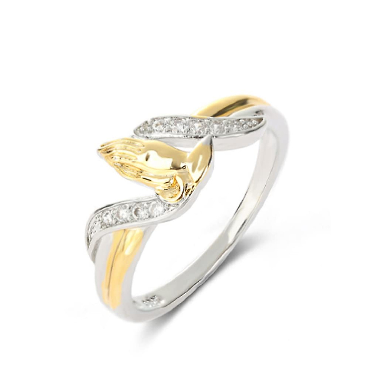 HUKQBUNX 18K Gold Diamond Prayer Hand Two Color Ring Prayer Gesture Palm Ring Cubic Zircon Universal Blessing Ring Size 6-10 (Size 7)