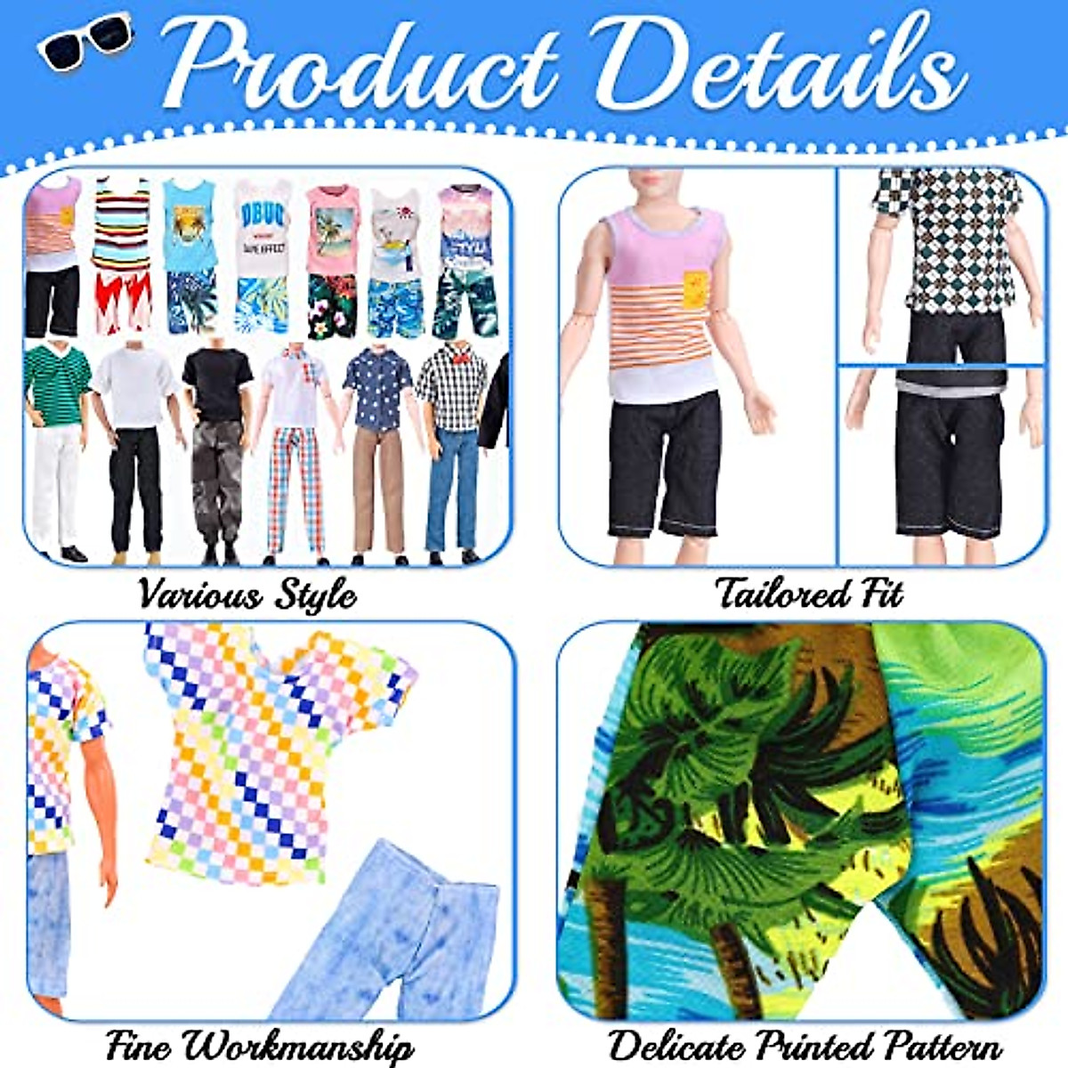 28 Pcs Doll Clothes and Accessories for Ken Doll, 11.5 Inch Doll Outfit Including 1 Casual Set 1 Shirt 1 T-Shirt 2 Vest 5 Cotta 7 Shorts 1 Glasses 5 Coat Hanger 2 Shoes for Girls Birthday Gifts