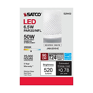 Satco S29402 6.5 Watt 120 Volt PAR20 LED Light Bulb; 3500K Neutral White Light; 25 deg. Beam Angle; E26 Medium Base; Dimmable (6 LED Light Bulbs)