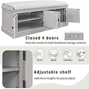 ROOMTEC Storage 4 Doors and Adjustable Shelves, Shoe Bench w/Removable Cushion & Seating for Entryway Living Room Hallway Bedroom,Grey