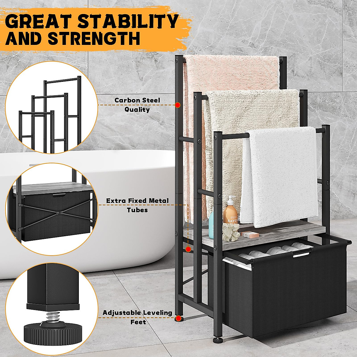 Rufokisa Freestanding Towel Rack with Drawer, 3 Tiers Standing Towel Racks for Bathroom, 23.6" L x 11.8" W x 43.3" H, Blanket Holder with Shelf, Upgrade Steady Design, Grey