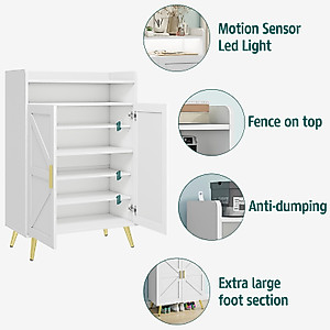Shoe Storage Cabinet with Doors, 7-Tier Shoe Cabinet for Entryway with Sensor LED Light, Freestanding Shoes Storage Organizer with Adjustable Shelves and Open Storage for Hallway, Living Room, White