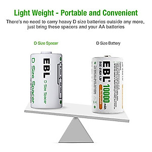 EBL D Size Battery Adapters, AA to D Size Battery Spacer Converter Case Use with Rechargeable AA Battery Cells - 4 Pack