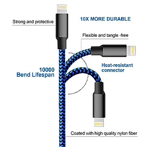 cugunu iPhone Charger, 5 Pack 3/3/6/6/10FT Apple MFi Certified USB Lightning Cable Nylon Braided Fast Charging Cord Compatible for iPhone 14/13/12/11/X/Max/8/7/6/5/SE/Plus/iPad - Black Blue