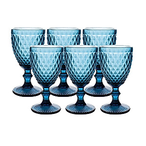 NiLor Colored Glass Goblet Vintage Wine Glasses Set of 6 Diamond Design Pressed Pattern Glassware, Party Glasses, Drinking Glass, Wedding Goblet 12 Ounce - Blue