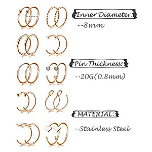 Tornito 20G 38Pcs Stainless Steel Nose Screw Studs Rings CZ Hoop Tragus Cartilage Nose Ring Labret Nose Piercing Jewelry for Men Women (A02:38Pcs, Rose Gold Tone)