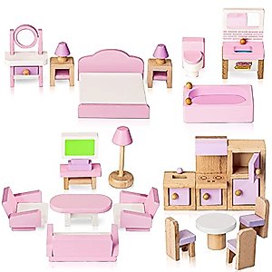Wooden Dollhouse Furniture Set, 22 Pcs Miniature Dollhouse Accessories Including 5 Room Kits, Little People House Furniture, Doll House Furniture Toys Gift for Girls Boys Age 3+
