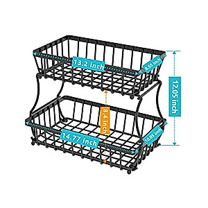 Apsan 2 Tier Countertop Fruit Basket Bowl for Kitchen, Bread Vegetable Fruit Basket Bowl Stand Detachable Metal Rectangular Wire Basket, Black Medium