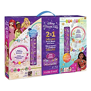 Make It Real Disney Princess 2 in 1 Deluxe Royal Jewels & Gems - Disney Princess Craft Kit with Disney Charms & Beads - Disney Princess Jewelry Making Kit for Girls 8-10-12-14