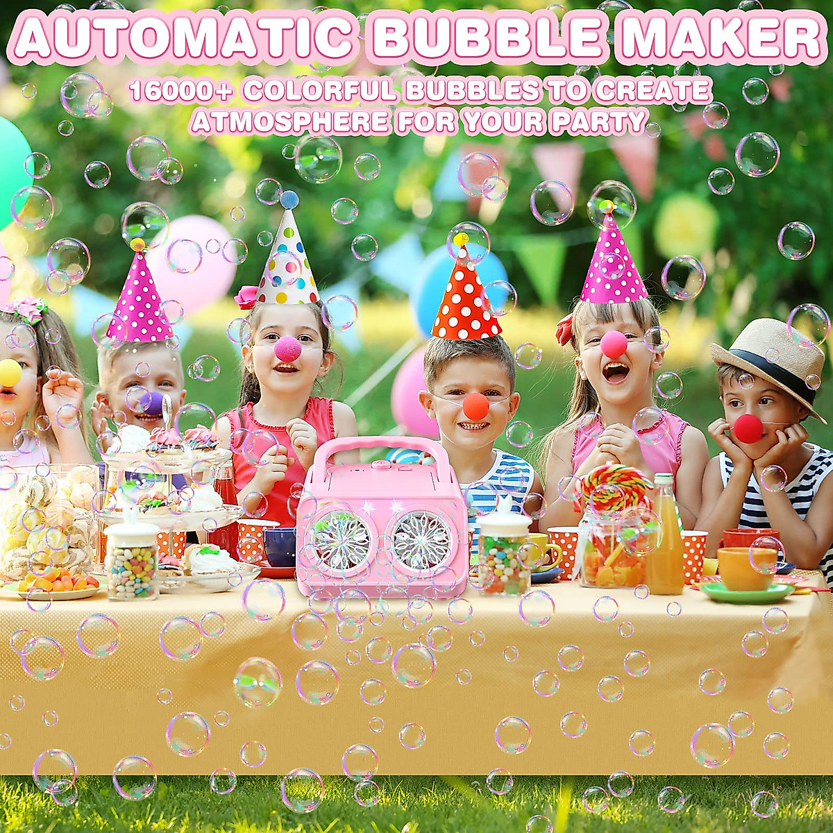 FUNNYB&G Automatic Bubble Machine, 16000+ Bubbles Per Minute Portable Bubble Maker, Plug-in or Battery Powered Indoor Outdoor Party Birthday Christmas (Pink)